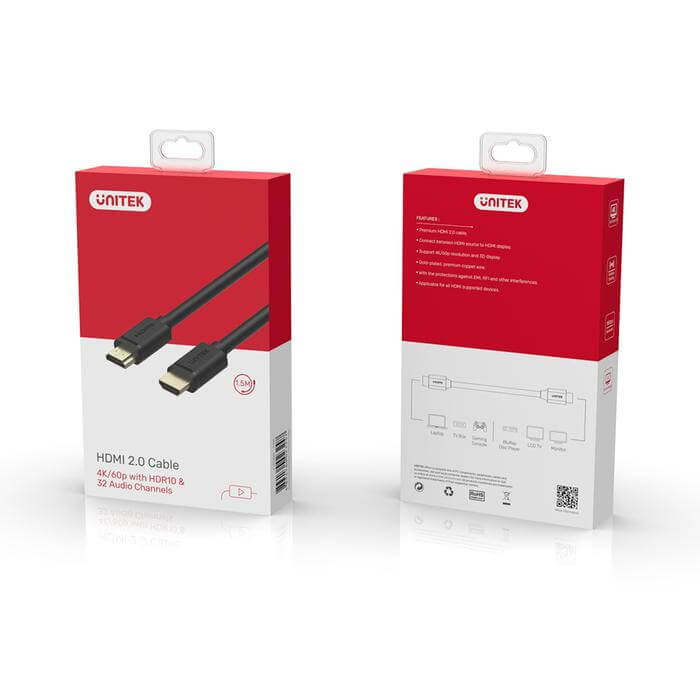 UNITEK 1.5M, HDMI (M) to HDMI (M) Cable HDMI2.0Support 4K@60Hz and 3D display.Gold-plated ...